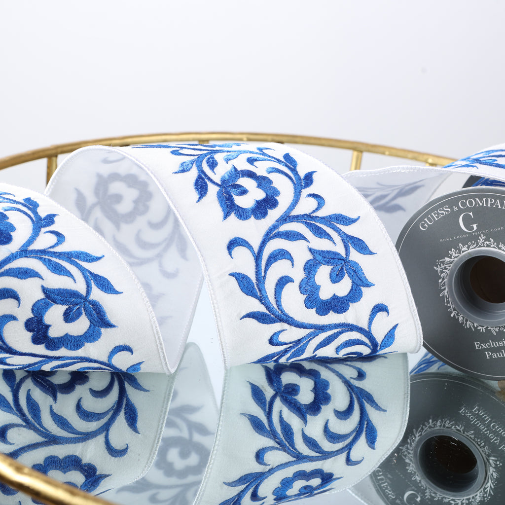 4" WHITE WITH BLUE EMBROIDERY DESIGN RIBBON 5YD – Guess and Company