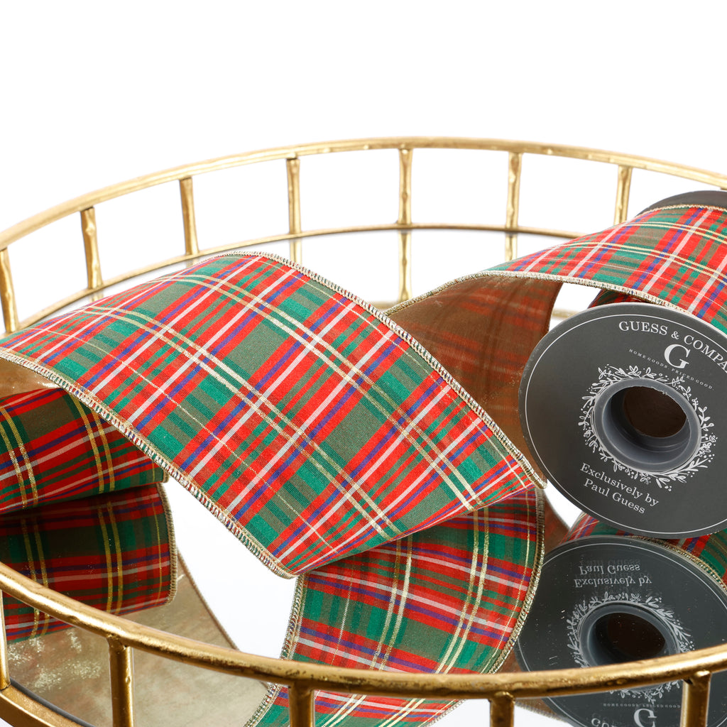 4" X 5 YD RED/GREEN/GOLD CHECK PLAID WITH LT GOLD DUPION BACK RIBBON ...