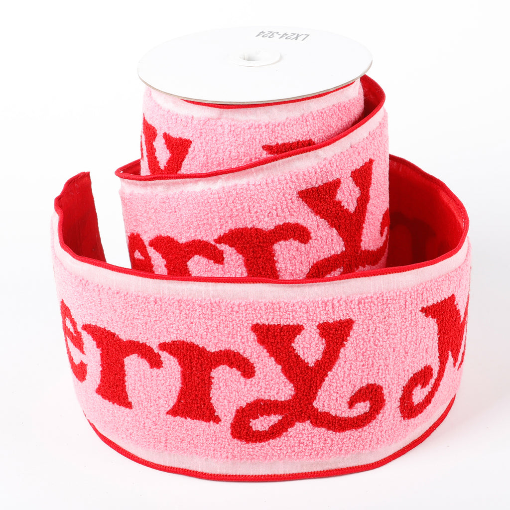 4" X 5 YDS PINK/RED MERRY EMBROIDERED DUPION BACKED RIBBON – Guess and ...