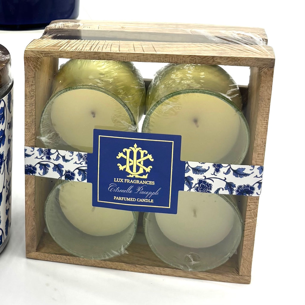 SET OF 4 VOTIVES WITH WOODEN CRATE-CITRONELLA PINEAPPLE – Guess and Company